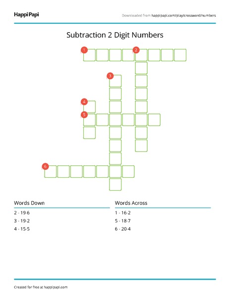 Subtraction 2 Digit Numbers Free Crossword Puzzle Worksheets Happi Papi