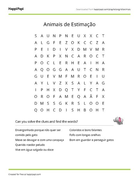 Animais de Estimação | Free Word Search Puzzle Worksheets | Happi Papi
