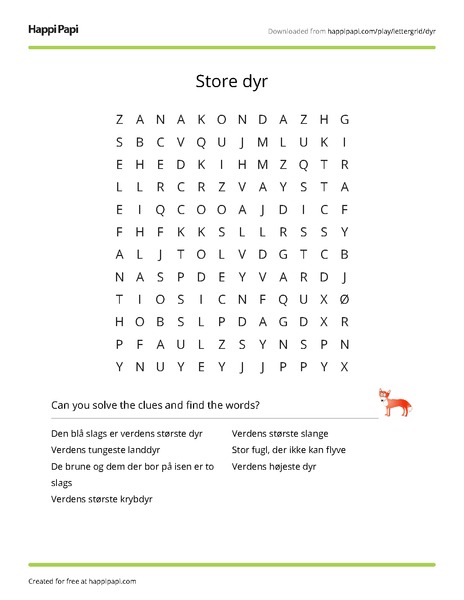 Store dyr | Free Word Search Puzzle Worksheets | Happi Papi